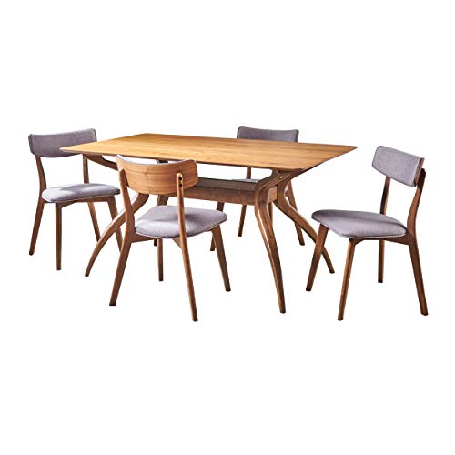 Christopher Knight Home Nissie Mid-Century Wood Dining Set with Fabric Chairs, 5-Pcs Set, Dark Grey / Natural Walnut Finish