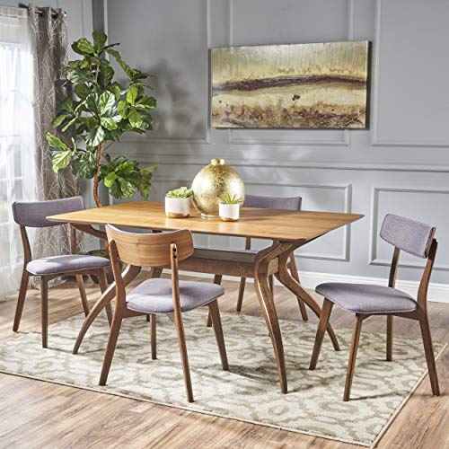 Christopher Knight Home Nissie Mid-Century Wood Dining Set with Fabric Chairs, 5-Pcs Set, Dark Grey / Natural Walnut Finish