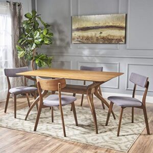 Christopher Knight Home Nissie Mid-Century Wood Dining Set with Fabric Chairs, 5-Pcs Set, Dark Grey / Natural Walnut Finish