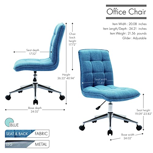 Porthos Home Leanne Task Chair with Height Adjustment, 360° Swivel, Steel Base and Tufted Polyester Upholstery (Armless Design for Small Homes and Offices), One Size, Blue