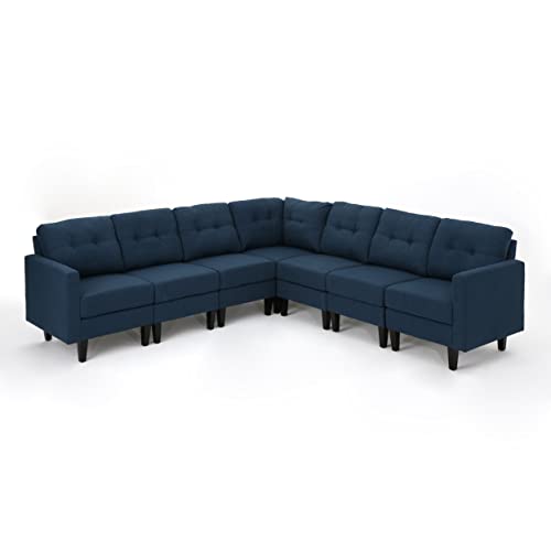 Christopher Knight Home Emmie Mid-Century Modern 7-Piece Extended Sectional Sofa, Navy Blue / Dark Brown