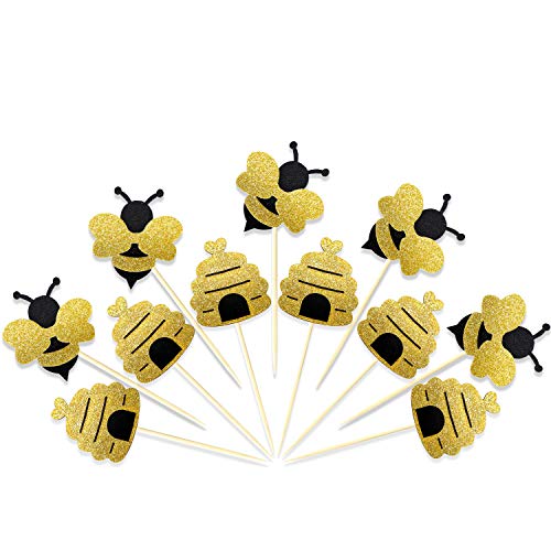 Zonon 50 Pieces Bee Toothpicks Bulk Bee Cupcake Toppers Glitter Bee Cake Picks Decorations for Baby Shower Birthday Party Favors Supplies