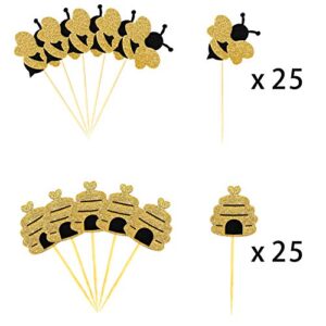 Zonon 50 Pieces Bee Toothpicks Bulk Bee Cupcake Toppers Glitter Bee Cake Picks Decorations for Baby Shower Birthday Party Favors Supplies