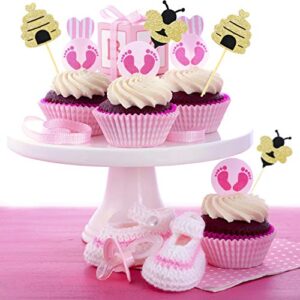 Zonon 50 Pieces Bee Toothpicks Bulk Bee Cupcake Toppers Glitter Bee Cake Picks Decorations for Baby Shower Birthday Party Favors Supplies