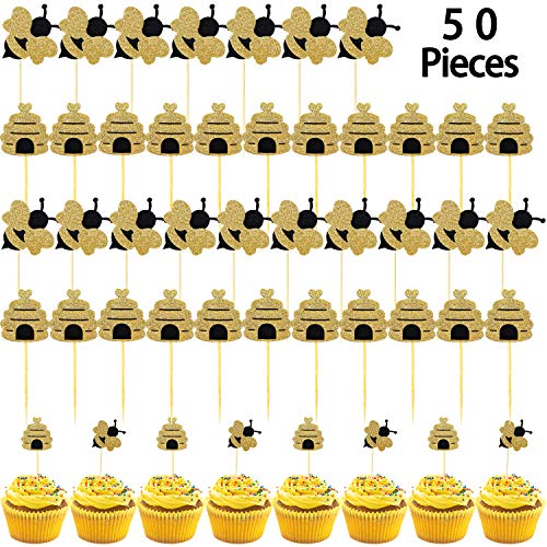 Zonon 50 Pieces Bee Toothpicks Bulk Bee Cupcake Toppers Glitter Bee Cake Picks Decorations for Baby Shower Birthday Party Favors Supplies