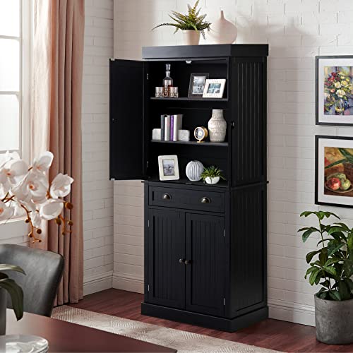 YOLENY Kitchen Pantry, 72” Freestanding Storage Cabinets with Doors and Shelves, Elegant Colonial Design Cabinet Cupboard with 3 Adjustable Shelves and 1 Storage Drawer,Black