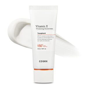 cosrx vitamin e spf 50+ daily lightweight sunscreen, reef safe, no whitecast, matte finish, otc vitalizing sunscreen, strong protection against uva and uvb rays, 1.69 fl.oz / 50ml, korean skincare