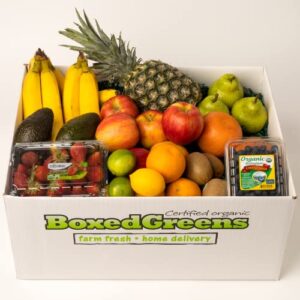 Boxed Greens 20lbs Organic Fruit Gift Basket - Box Includes Bananas, Apples, Oranges, Pears, Kiwis, Berries, Lemons, Limes, Pineapple - Great Gift for Family, Friends, & Coworkers - Fresh Fruit Assortment