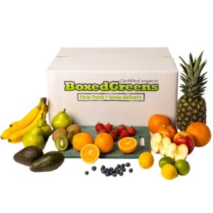 Boxed Greens 20lbs Organic Fruit Gift Basket - Box Includes Bananas, Apples, Oranges, Pears, Kiwis, Berries, Lemons, Limes, Pineapple - Great Gift for Family, Friends, & Coworkers - Fresh Fruit Assortment