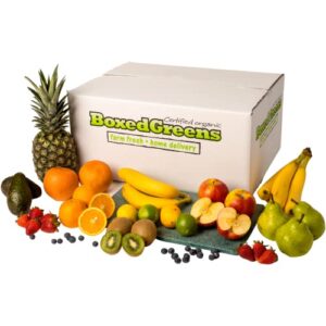 Boxed Greens 20lbs Organic Fruit Gift Basket - Box Includes Bananas, Apples, Oranges, Pears, Kiwis, Berries, Lemons, Limes, Pineapple - Great Gift for Family, Friends, & Coworkers - Fresh Fruit Assortment