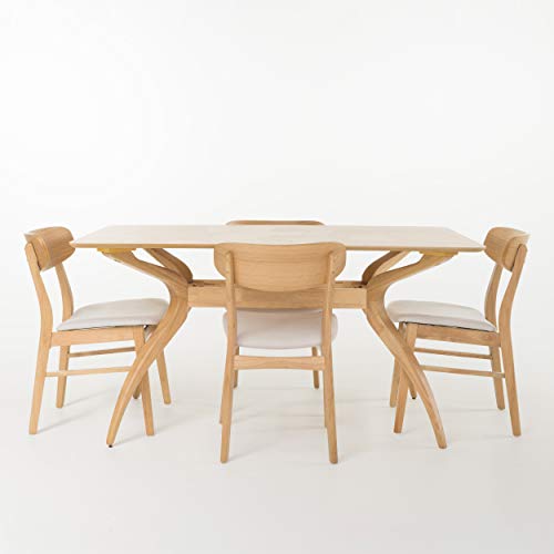 Christopher Knight Home Lucious Curved Leg Rectangular Dining Set, 5-Pcs Set, Natural Oak / Light Beige