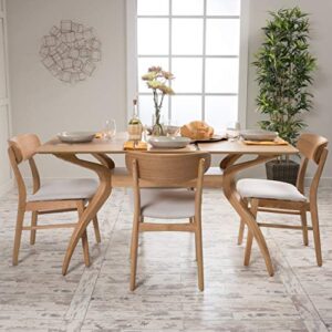 Christopher Knight Home Lucious Curved Leg Rectangular Dining Set, 5-Pcs Set, Natural Oak / Light Beige