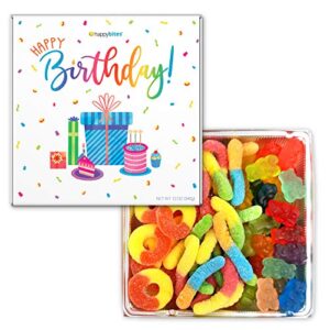 happy bites happy birthday gummi candy gift box with gummi bears, sour neon gummi worms, & peach gummi rings – gluten free, fat free, dairy free