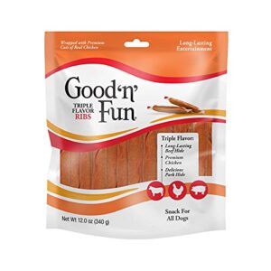 good ’n’ fun triple flavor ribs, rawhide snack for all dogs