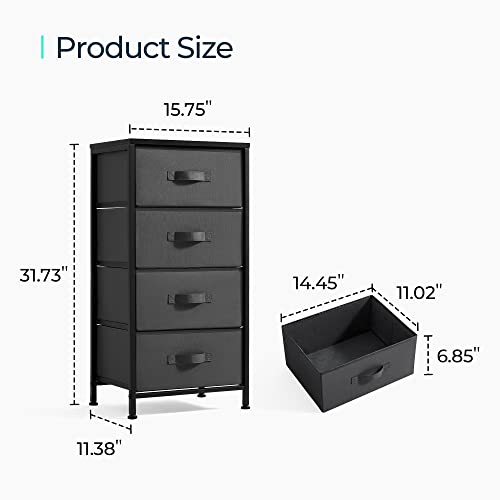 LINSY HOME Dresser for Bedroom, Black Dresser with 4 Drawers, Chest of Drawers with Wood Top and Steel Frame, Storage Drawers for Closet, Living Room, Hallway, Entryway