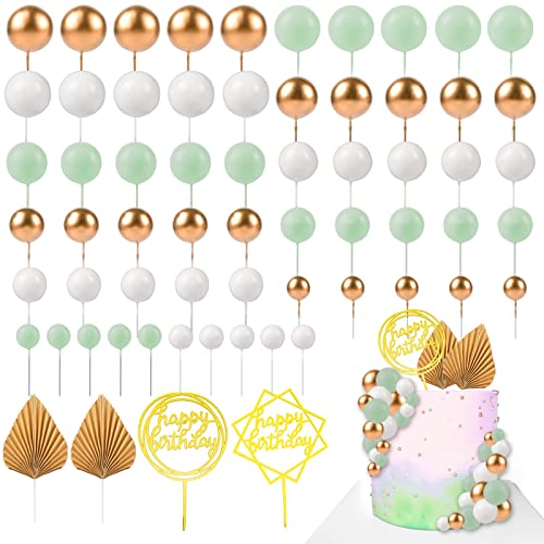 46 PCS Mini Ball Cake Topper Cupcake Insert Acrylic Cake Topper Decorations for Anniversary Graduation Birthday Party Baby Shower (Gold,Green,White)