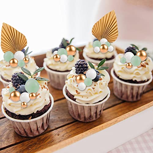 46 PCS Mini Ball Cake Topper Cupcake Insert Acrylic Cake Topper Decorations for Anniversary Graduation Birthday Party Baby Shower (Gold,Green,White)