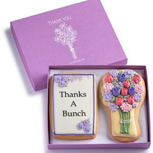 Gourmet Floral Thank you Cookie Gift Basket | 2 Large 2.5 x 4.5 in Vanilla Sugar Cookies Hand-Decorated Snack Variety Pack | Kosher Bakery Care Package For Women, Men Boys & Girls | Prime Delivery