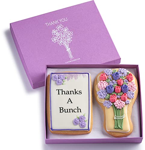 Gourmet Floral Thank you Cookie Gift Basket | 2 Large 2.5 x 4.5 in Vanilla Sugar Cookies Hand-Decorated Snack Variety Pack | Kosher Bakery Care Package For Women, Men Boys & Girls | Prime Delivery