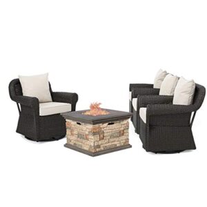 christopher knight home ariel outdoor wicker rocker and gas firepit set, 5-pcs set, dark brown / beige / stone finish