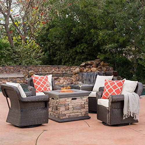 Christopher Knight Home Ariel Outdoor Wicker Rocker and Gas Firepit Set, 5-Pcs Set, Dark Brown / Beige / Stone Finish