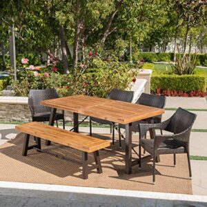 Christopher Knight Home Morley Outdoor Acacia Wood Dining Set with Wicker Stacking Chairs, 6-Pcs Set, Teak Finish / Rustic Metal / Multibrown