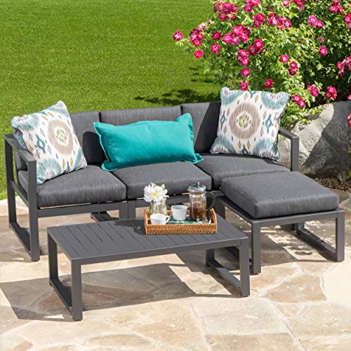 Christopher Knight Home Navan Outdoor Aluminum Sofa Set with Water Resistant Cushions, 5-Pcs Set, Dark Grey / Black