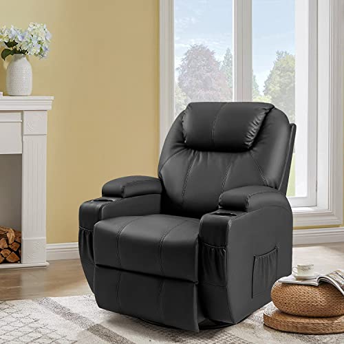 YESHOMY Swivel Rocker Recliner with Massage and Heating Functions, Sofa Chair with Remote Control and Two Cup Holders, Suitable for Living Room, Black