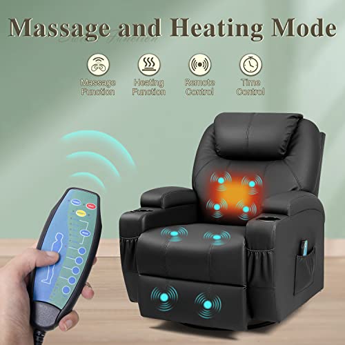 YESHOMY Swivel Rocker Recliner with Massage and Heating Functions, Sofa Chair with Remote Control and Two Cup Holders, Suitable for Living Room, Black