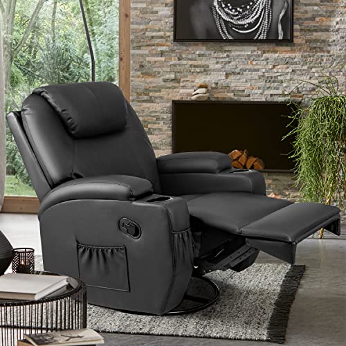 YESHOMY Swivel Rocker Recliner with Massage and Heating Functions, Sofa Chair with Remote Control and Two Cup Holders, Suitable for Living Room, Black