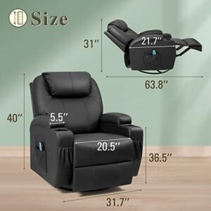 YESHOMY Swivel Rocker Recliner with Massage and Heating Functions, Sofa Chair with Remote Control and Two Cup Holders, Suitable for Living Room, Black