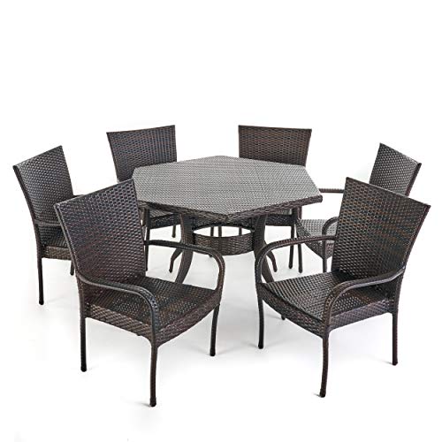 Christopher Knight Home Leighton Outdoor Wicker Hexagonal Dining Set with Stacking Chairs, 7-Pcs Set, Multibrown