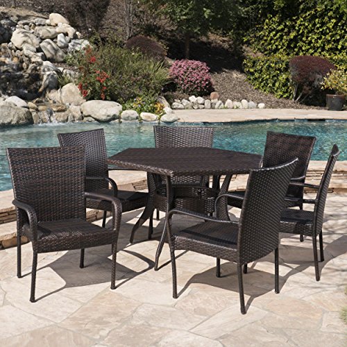 Christopher Knight Home Leighton Outdoor Wicker Hexagonal Dining Set with Stacking Chairs, 7-Pcs Set, Multibrown