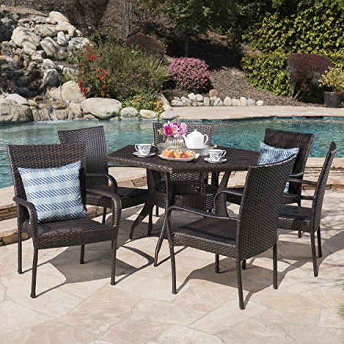 Christopher Knight Home Leighton Outdoor Wicker Hexagonal Dining Set with Stacking Chairs, 7-Pcs Set, Multibrown