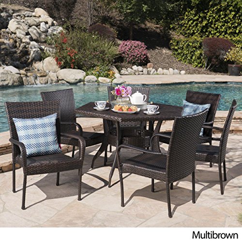 Christopher Knight Home Leighton Outdoor Wicker Hexagonal Dining Set with Stacking Chairs, 7-Pcs Set, Multibrown