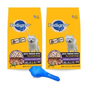 pedigree small dog food dry tender bites bundle | includes 2 bags of chicken & steak flavor pedigree dog food dry tender bites (3.5 lb) | plus paw food scoop!