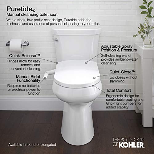 KOHLER K-5724-0 Puretide Bidet Toliet Seat, Elongated Manual Non Electric Bidet with Adjusting Spray Pressure and Position, White Quiet-Close Lid