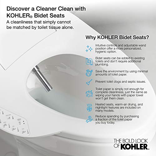 KOHLER K-5724-0 Puretide Bidet Toliet Seat, Elongated Manual Non Electric Bidet with Adjusting Spray Pressure and Position, White Quiet-Close Lid