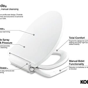 KOHLER K-5724-0 Puretide Bidet Toliet Seat, Elongated Manual Non Electric Bidet with Adjusting Spray Pressure and Position, White Quiet-Close Lid