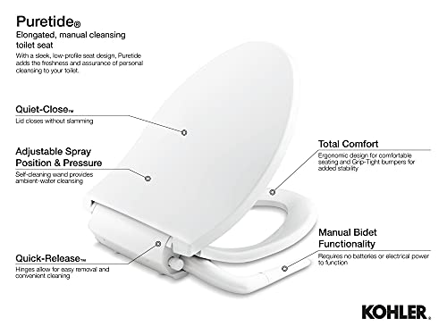 KOHLER K-5724-0 Puretide Bidet Toliet Seat, Elongated Manual Non Electric Bidet with Adjusting Spray Pressure and Position, White Quiet-Close Lid