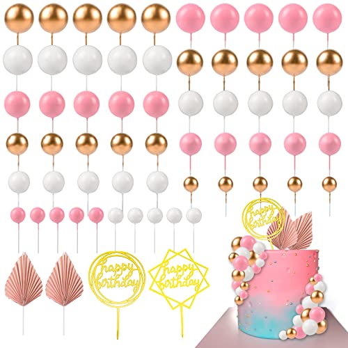 46 PCS Mini Ball Cake Topper Cupcake Insert Acrylic Cake Topper Decorations for Anniversary Graduation Birthday Party Baby Shower (Gold,Pink,White)