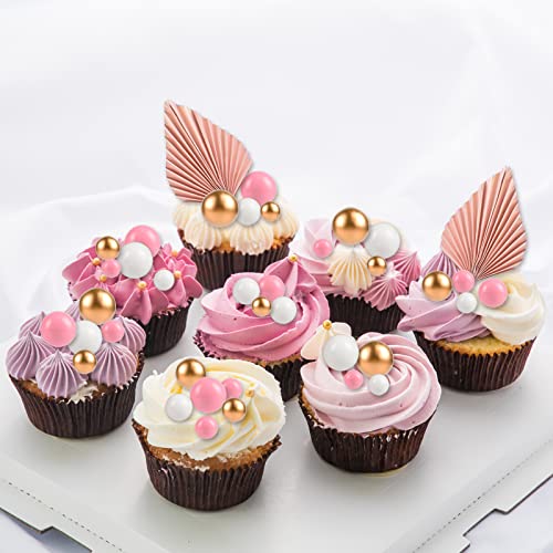 46 PCS Mini Ball Cake Topper Cupcake Insert Acrylic Cake Topper Decorations for Anniversary Graduation Birthday Party Baby Shower (Gold,Pink,White)