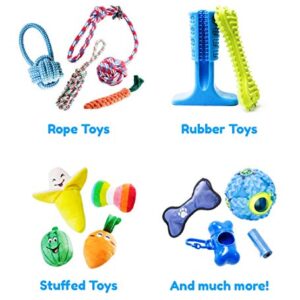 Pacific Pups Products for Dogs 18 Piece Dog Toy Set with Dog Chew Toys, Rope Toys for Dogs, Plush Dog Toys and Dog Treat Dispenser Ball - Supports Non-Profit Dog Rescue