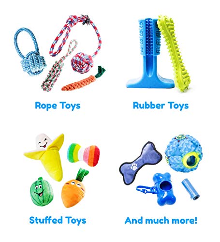 Pacific Pups Products for Dogs 18 Piece Dog Toy Set with Dog Chew Toys, Rope Toys for Dogs, Plush Dog Toys and Dog Treat Dispenser Ball - Supports Non-Profit Dog Rescue