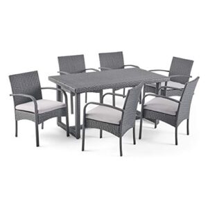 christopher knight home sophia outdoor 7 piece wicker dining set, grey cushions