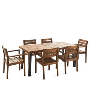 christopher knight home avon outdoor acacia wood dining set, 7-pcs set, teak finish with rustic metal accents