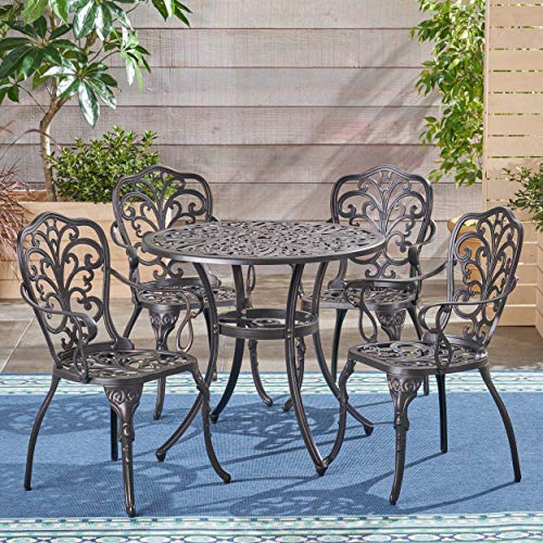 Christopher Knight Home Zona Outdoor 5 Piece Cast Aluminum Dining Set, Shiny Copper