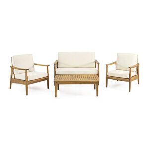 christopher knight home felix outdoor acacia wood 4 seater chat set with coffee table, teak finish, beige