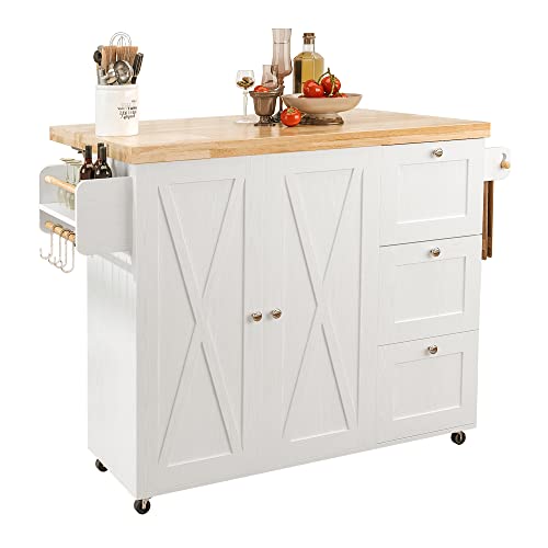 IRONCK Rolling Kitchen Island Cart with Drop-Leaf Countertop, Barn 3Drawers, Barn Door Style Cabine,Thicker Rubberwood Top, Spice Rack, on Wheels, for Kitchen and Dining Room, White