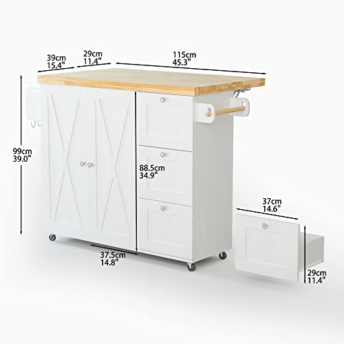 IRONCK Rolling Kitchen Island Cart with Drop-Leaf Countertop, Barn 3Drawers, Barn Door Style Cabine,Thicker Rubberwood Top, Spice Rack, on Wheels, for Kitchen and Dining Room, White